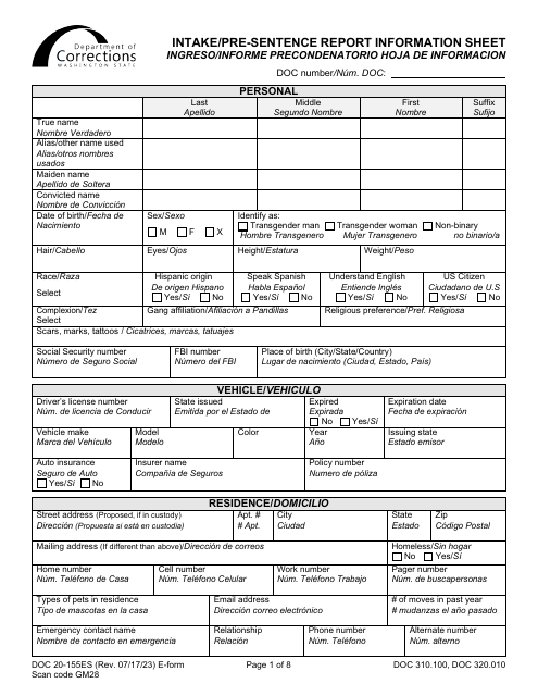Form DOC20-155ES Intake/Pre-sentence Report Information Sheet ...